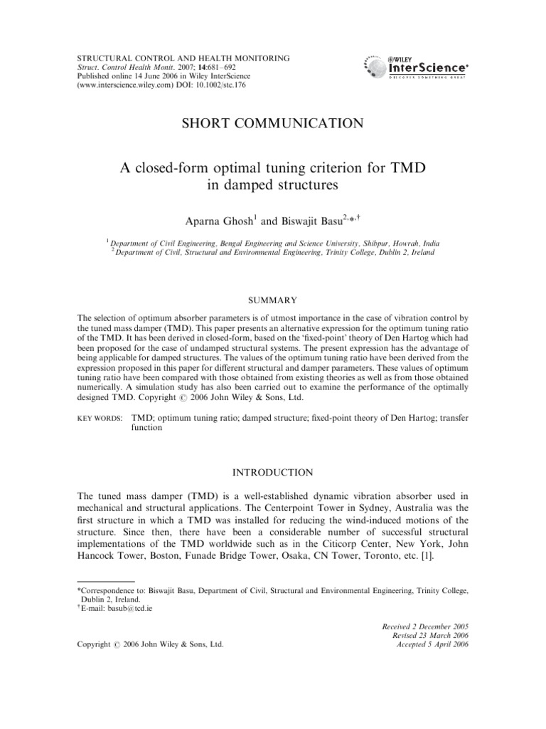 Optimal Tuning for TMD in Damped Structures | PDF | Damping | Classical ...