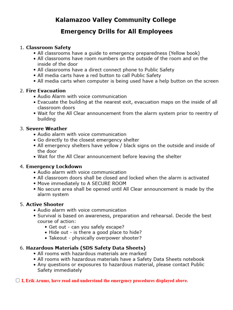 Emergency Procedures Acknowledgement | PDF