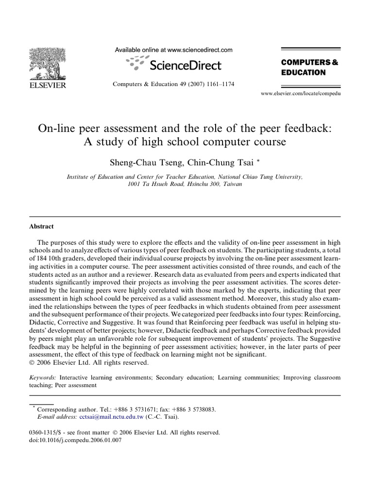 Online Peer Assessment and Peer Feedback | PDF | Learning | Cognition
