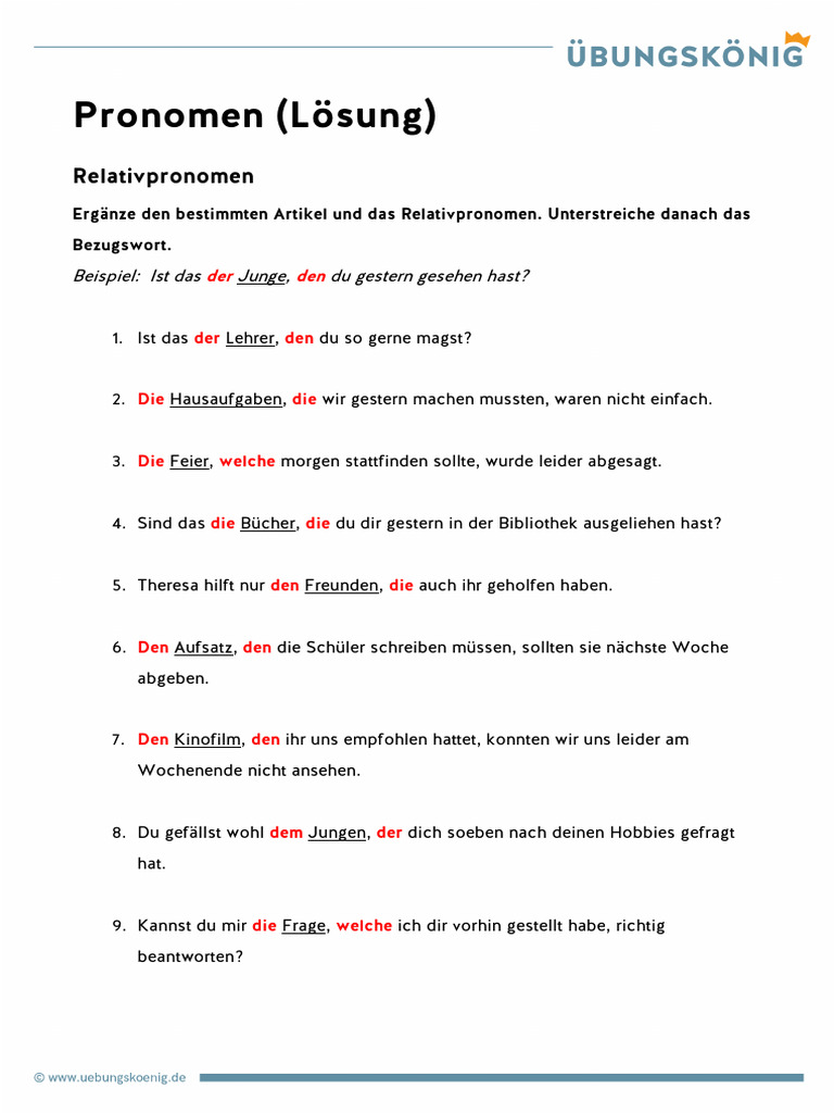 2 Uebungskoenig Relativpronomen Loesung | PDF