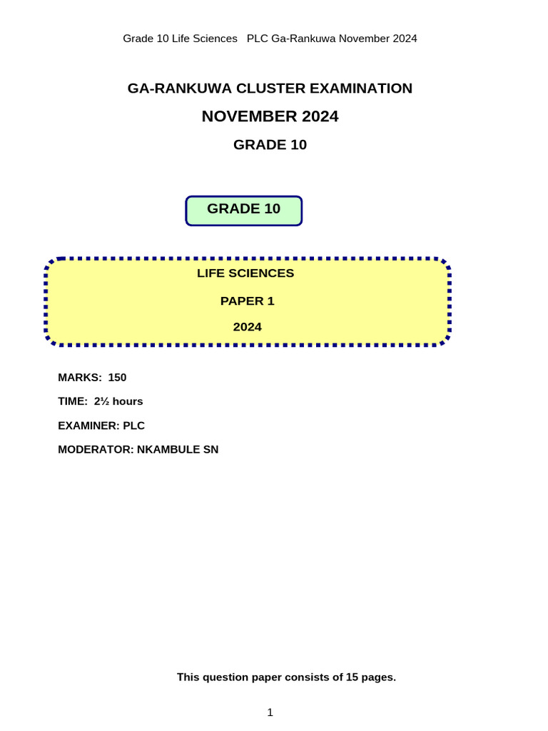 Grade 10 Life Sciences Exam November 2024 | PDF | Tissue (Biology ...