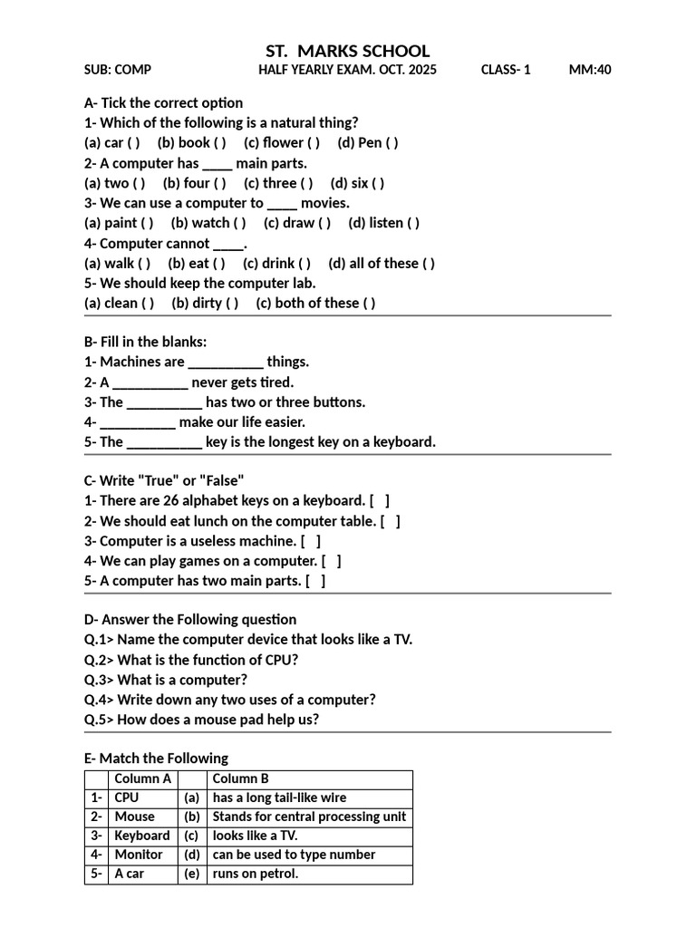 Class 1 Computer Half-Yearly Exam 2025 | PDF