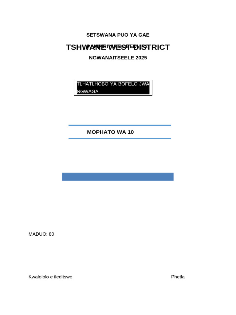 Tshwane West District Paper 2 Setswana Nov | PDF