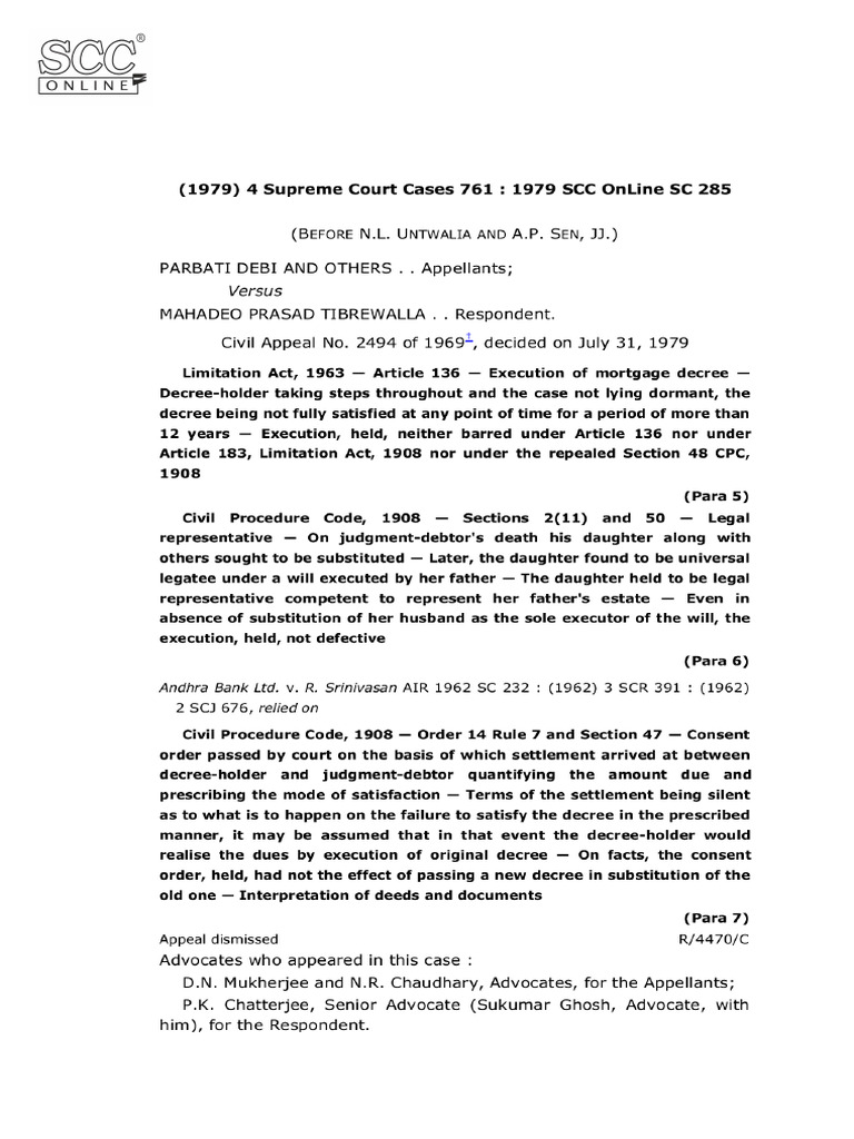 Parbati Debi vs. Mahadeo Prasad Tibrewala - SC | PDF | Supreme Court Of ...