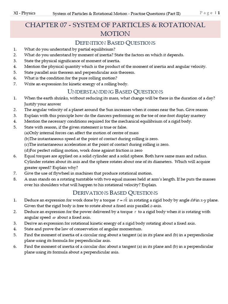 Practice Questions - System of Particles & Rotational Motion (Part II) | PDF | Rotation Around A ...