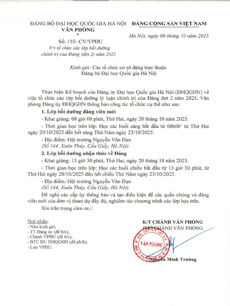 CV 155 Thông báo về việc tham gia lớp Bồi dưỡng Đảng viên mới ĐHQGHN | PDF