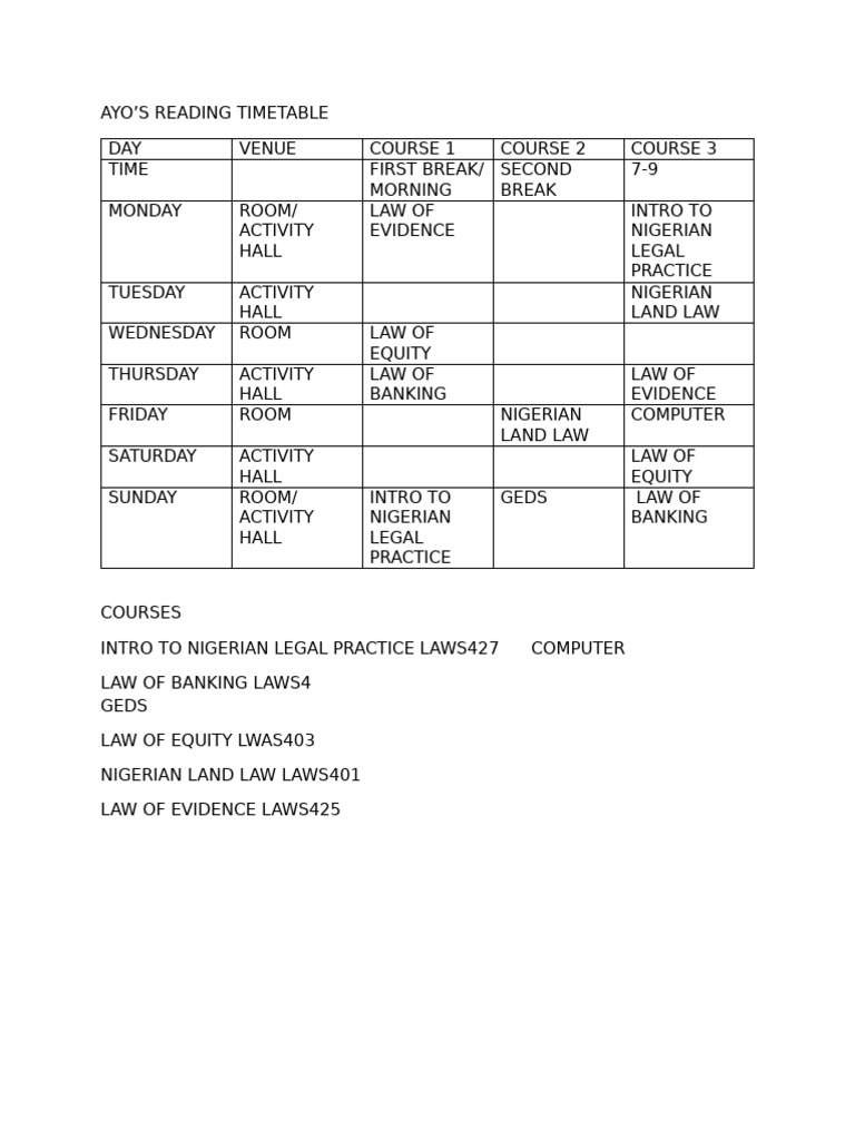Ayo's Reading Timetable | PDF