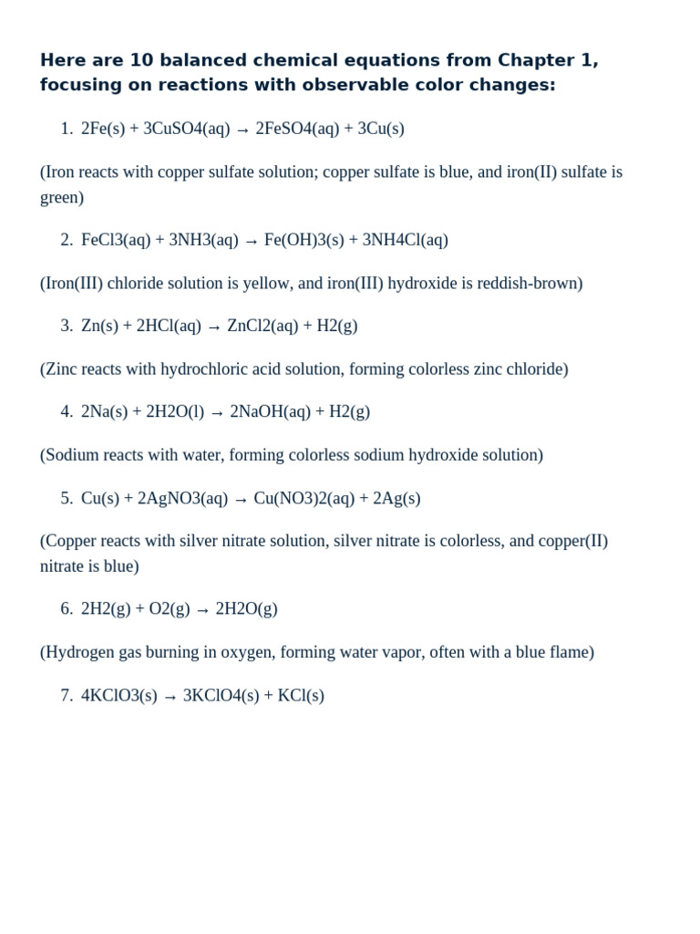10 Chemical Balanced Equation With Colour | PDF