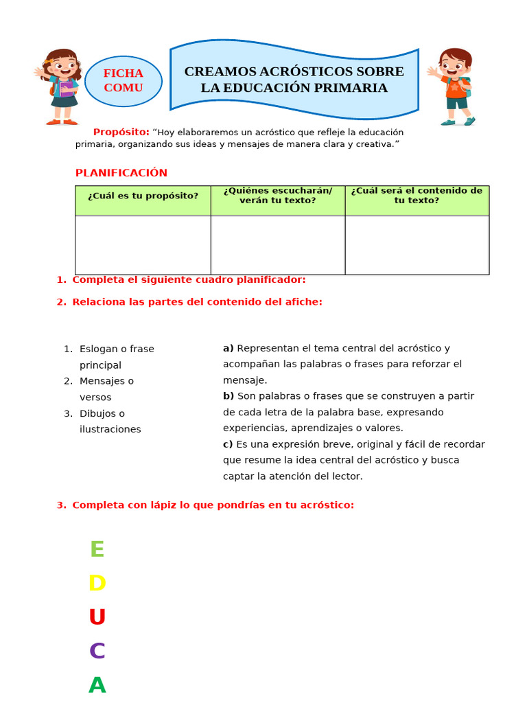 Ficha Comu Mier 5 Creamos Acrosticos | PDF | Aprendizaje | Cognición