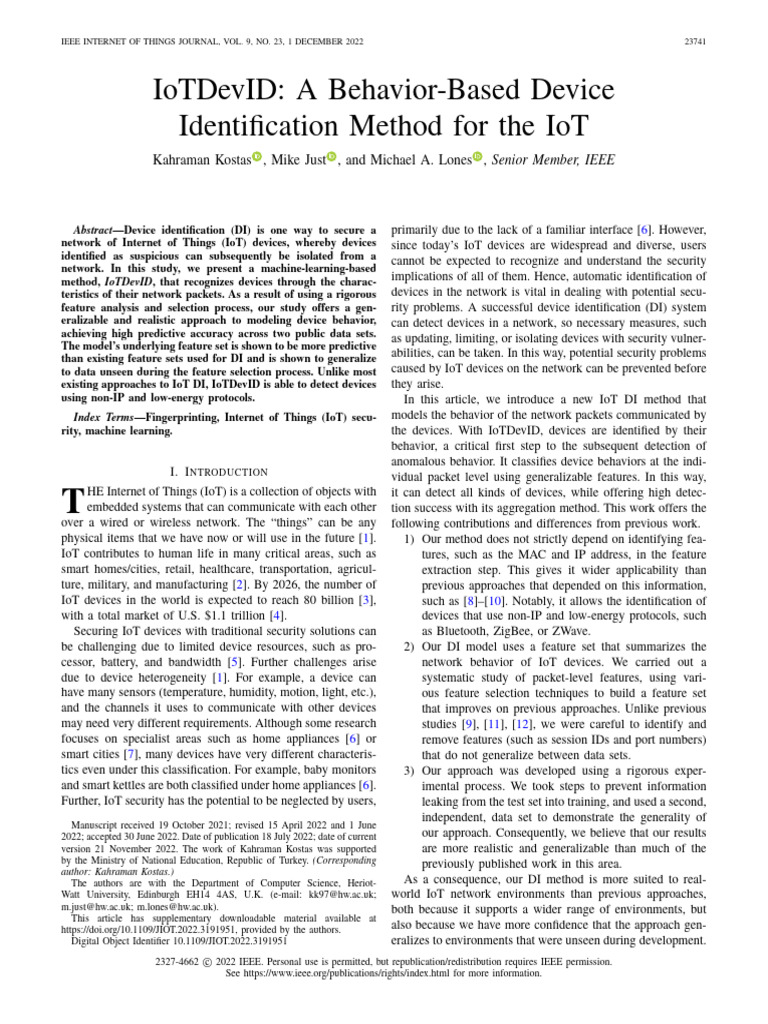 IoTDevID A Behavior-Based Device Identification Method For The IoT ...