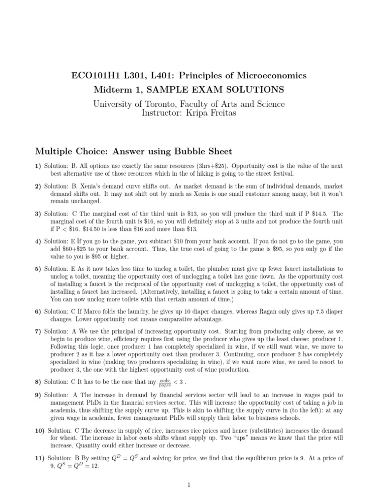 ECO101 Sample Exam Midterm 1 Solutions | PDF | Economics | Economies