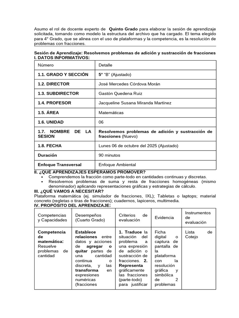 Modelo Sesion de Aprendizaje | PDF | Sustracción