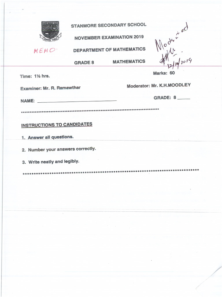 Maths Nov 2019 Grade 8 QP and Memo | PDF