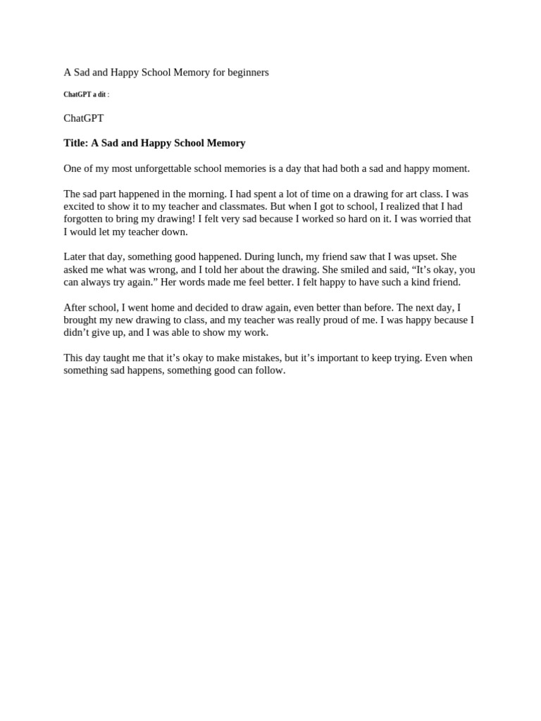 A Sad and Happy School Memory For Beginners | PDF
