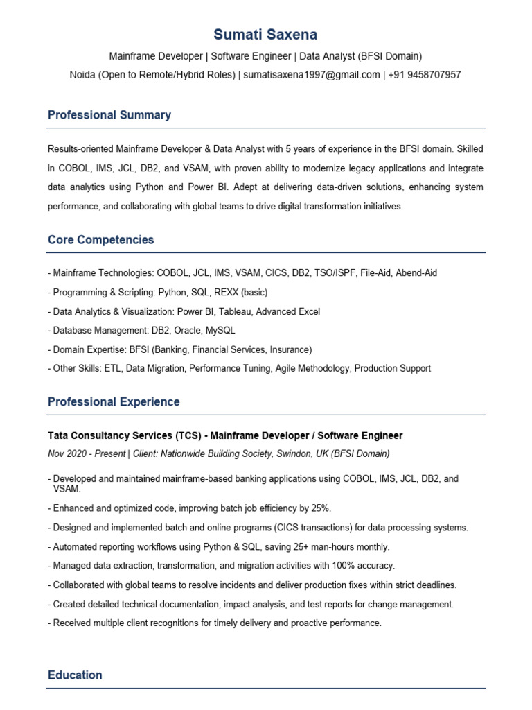 Sumati Saxena Resume | PDF | Ibm Db2 | Computing