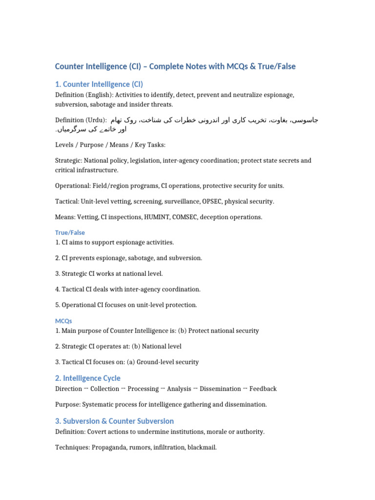 Counter Intelligence Overview & Quiz Guide | PDF | Counterintelligence ...