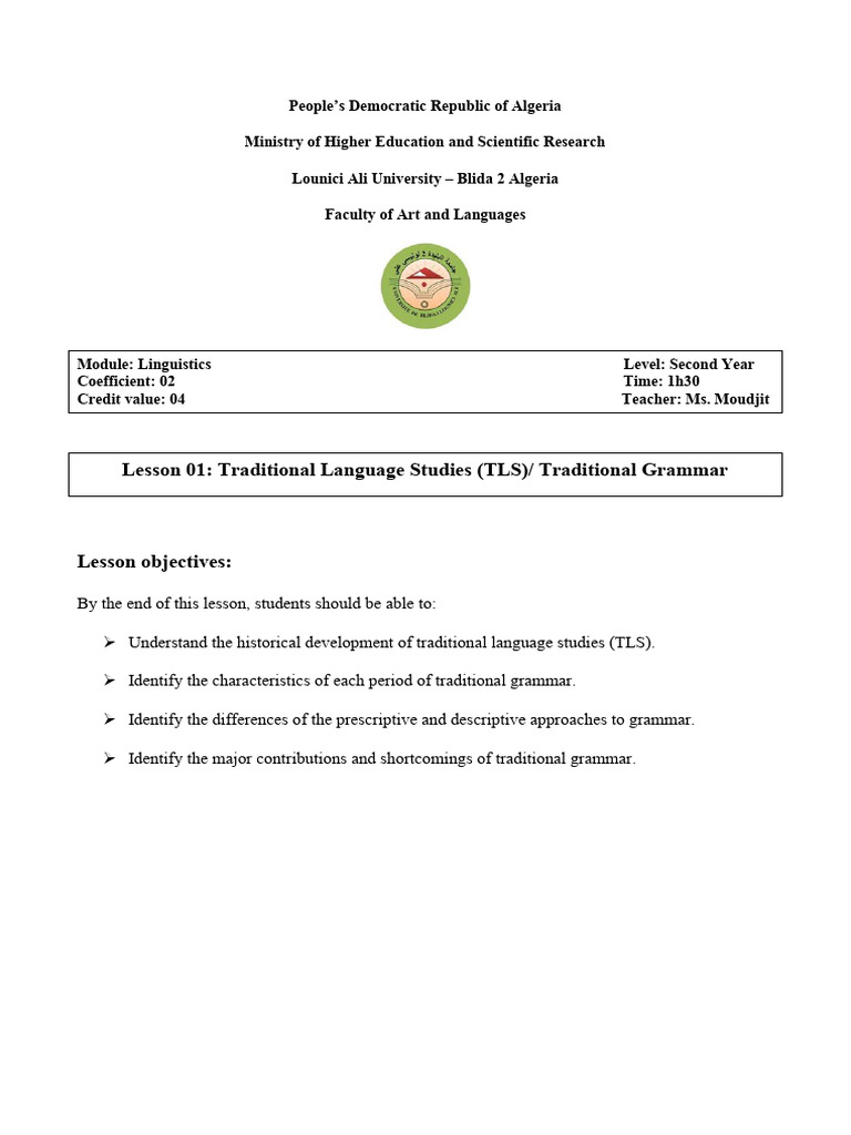 Linguistics Lesson 1 - Traditional Grammar | PDF | Grammar | Linguistics
