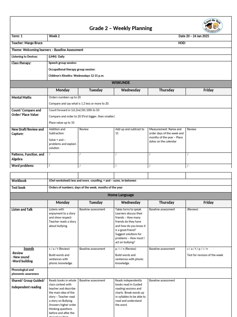 2nd Grade Weekly Math Planning | PDF | Reading Comprehension | Learning