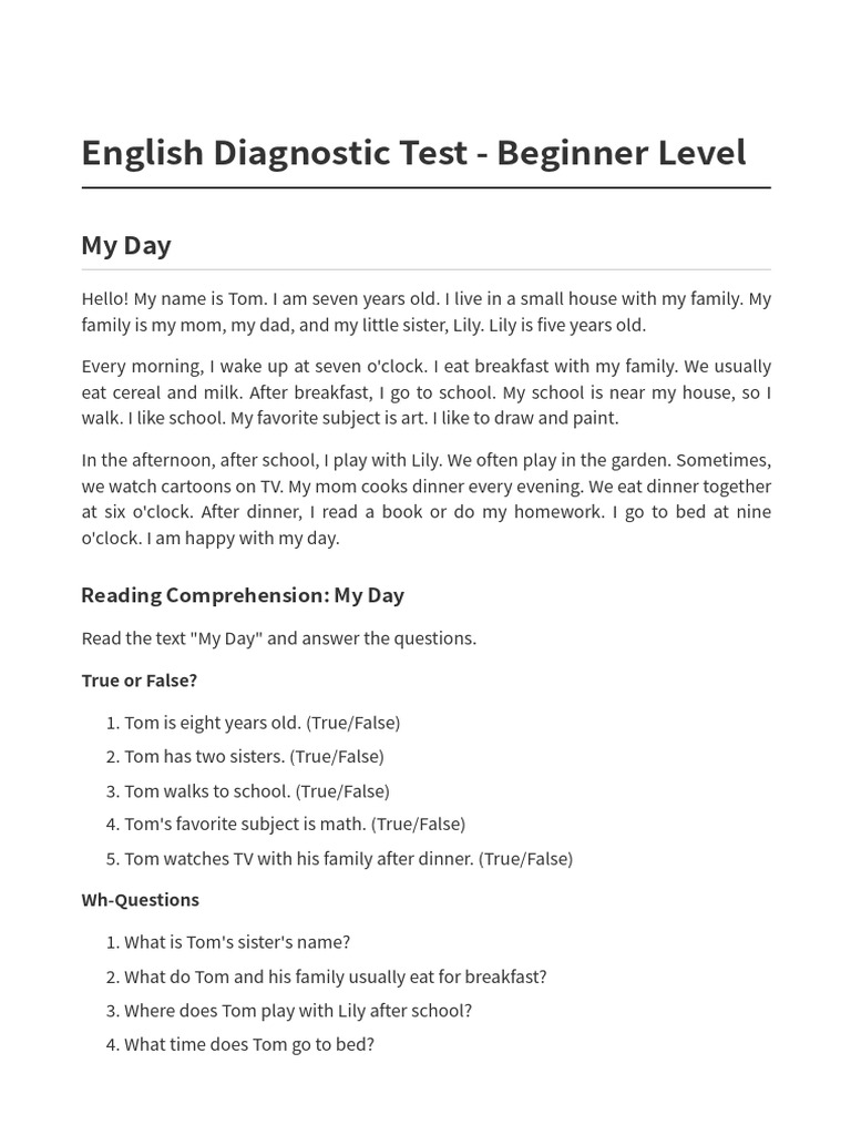 Beginner English Diagnostic Test | PDF