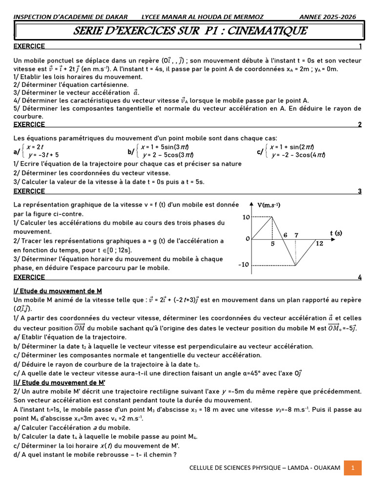 TD P1 CINEMATIQUE 2026 | PDF | Accélération | Cinématique