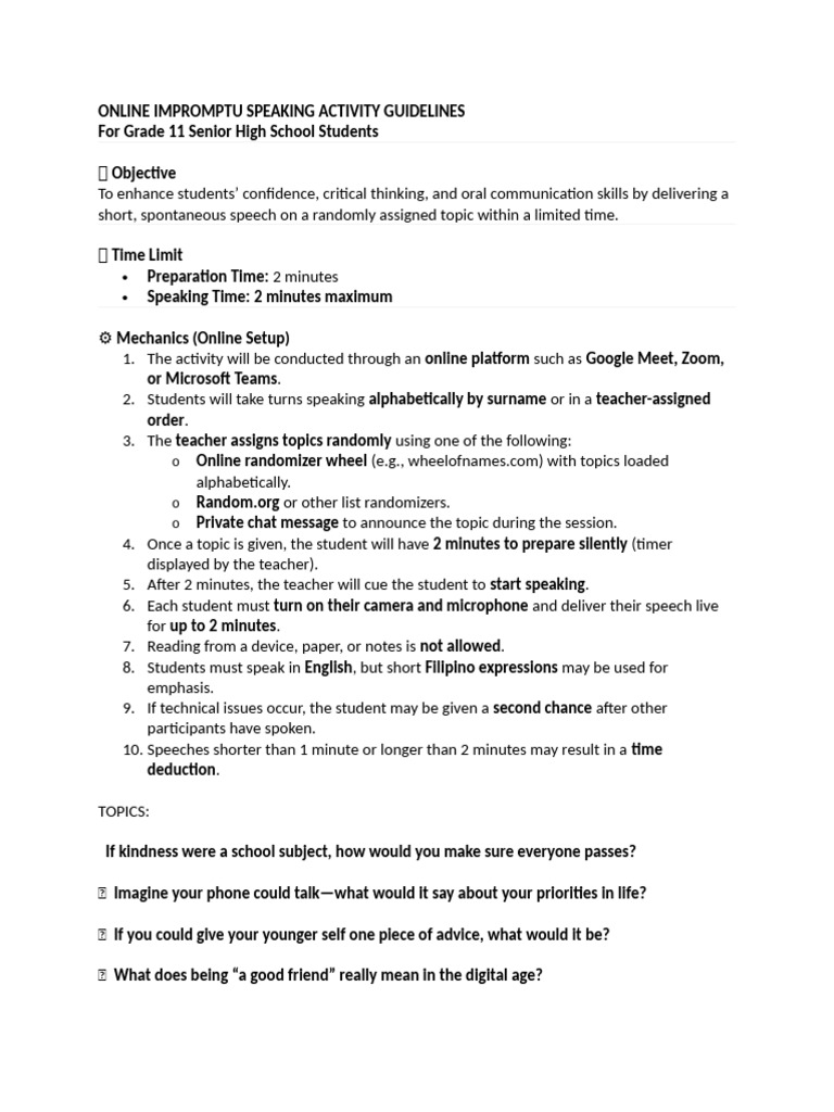 Online Impromptu Speaking Activity Guidelines | PDF | Human Communication