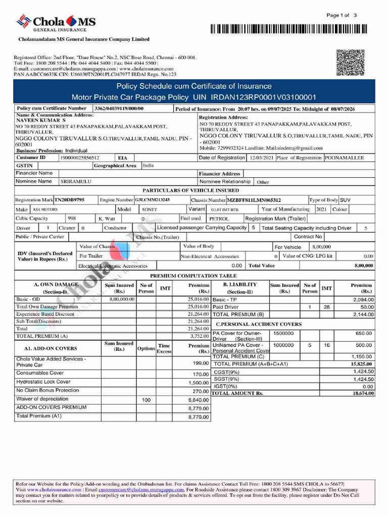 Kia Sonnet - Vehicle Insurance - NAVEEN KUMAR | PDF