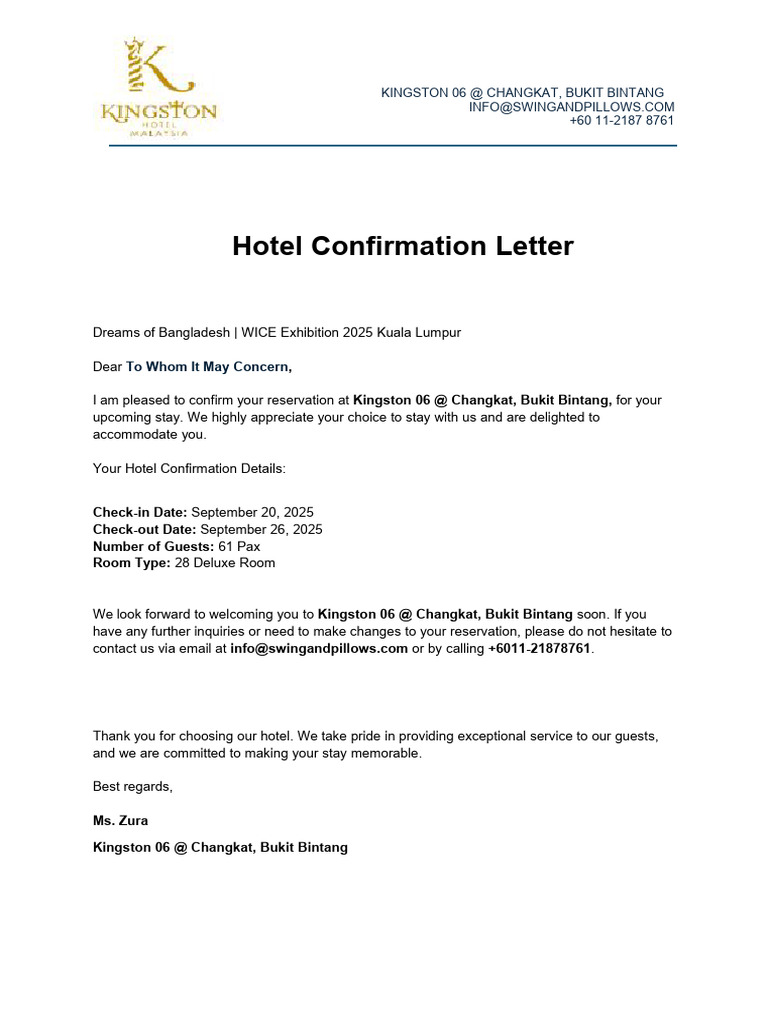 Hotel Confirmation Letter Dreams of Bangladesh | PDF