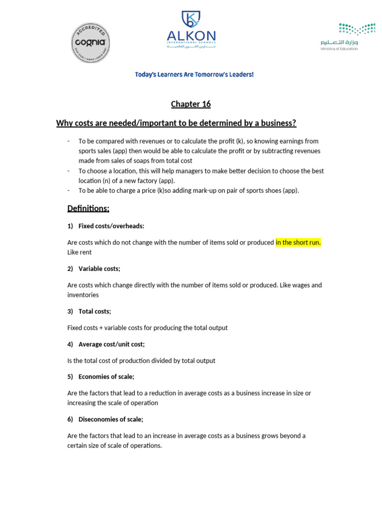 0 094404 Ch.16-Costs, ScaleofproductionandB.E.P | PDF | Average Cost ...