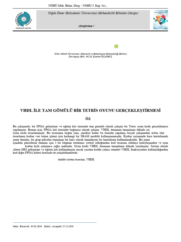 A Fully Embedded Tetris Game Application in VHDL: Sadiye Nergis TURAL ...