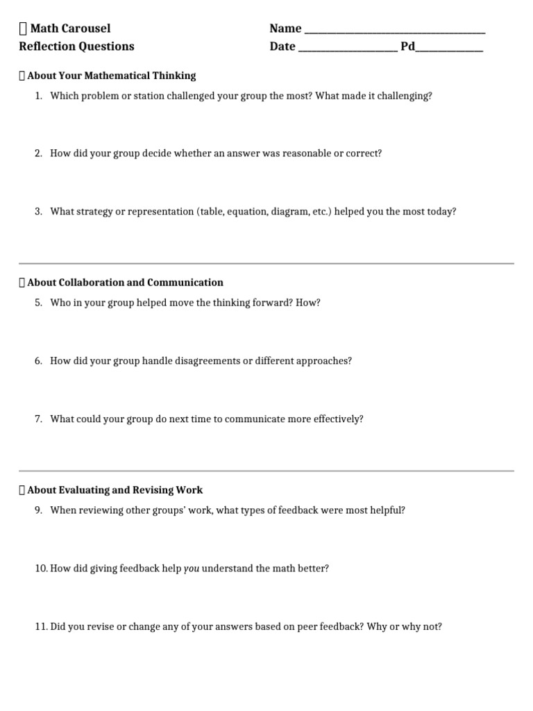 Math Carousel Activity-Reflection Questions | PDF