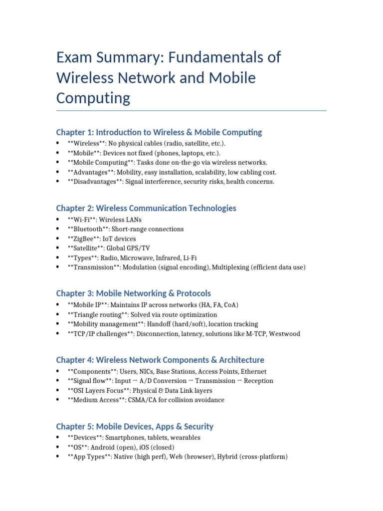 Wireless Mobile Computing Exam Summary | PDF