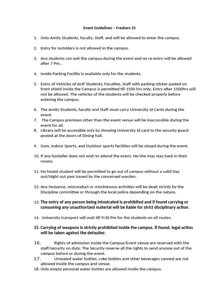 Amity Freshers Event Entry Guidelines | PDF