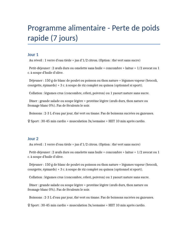 Programme de perte de poids 7 jours | PDF | Boisson | Légumes