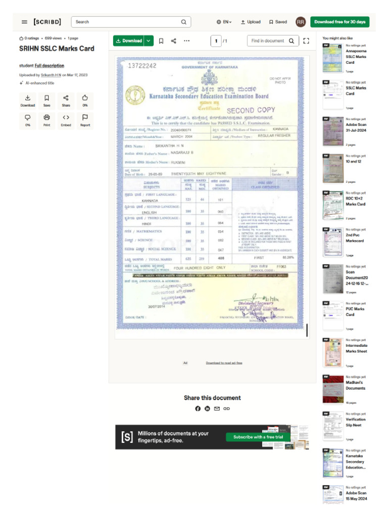 Screencapture Scribd Document 631793707 Srihn Sslc Marks Card 2025 11