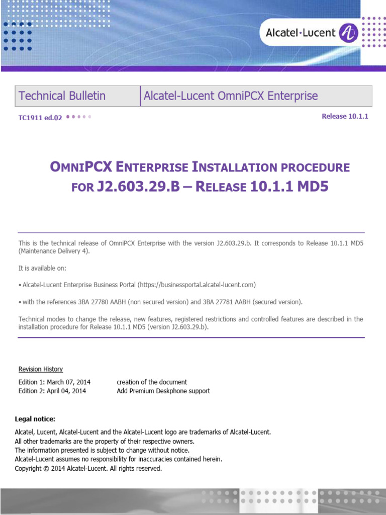 TC1911 OmniPCX Enterprise Installation Procedure For J2.603.29.B Release 10.1.1 MD5 en Ed02 ...