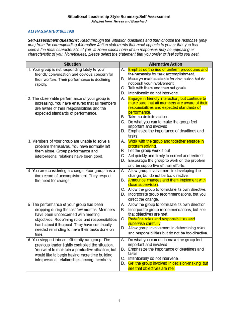 Situational Leadership Self-Assessment Guide | PDF | Psychological ...