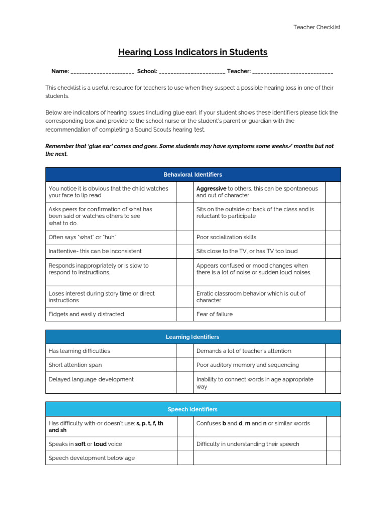 Hearing Loss Indicators Checklist for Teachers | PDF | Diseases And ...