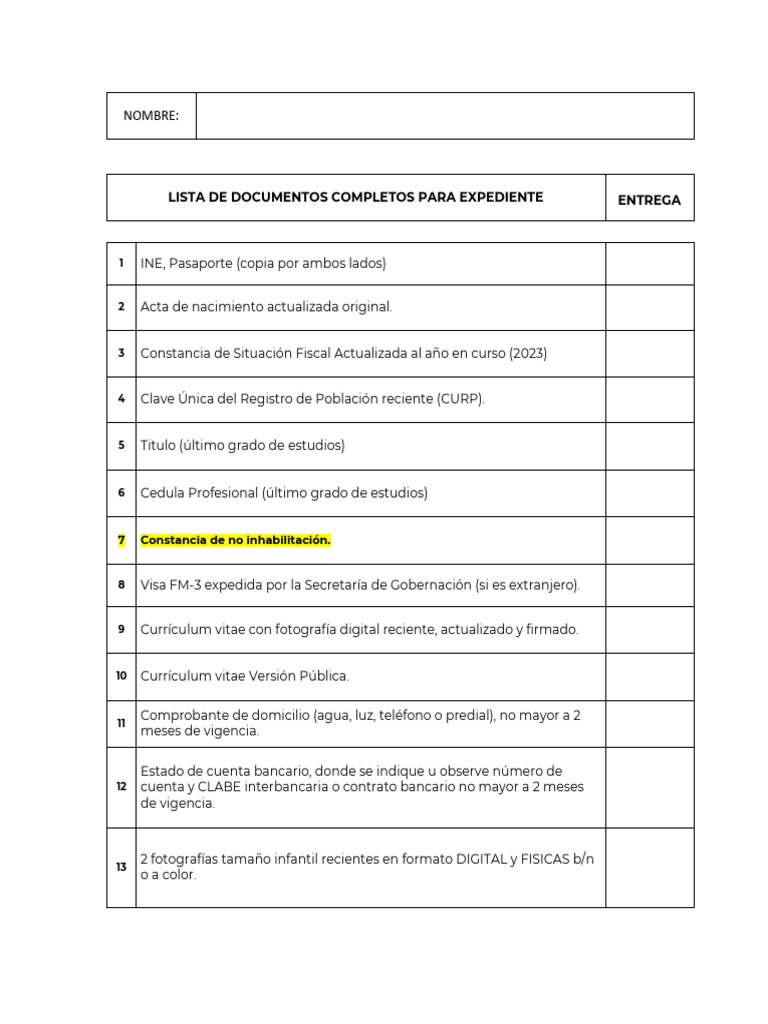 Check List Doc Ingreso | PDF