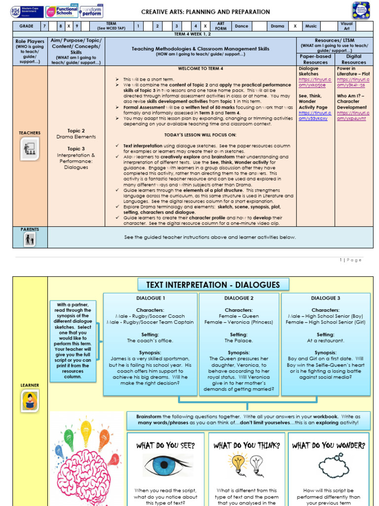 Lesson Plan Gr.8 Creative Arts Drama T4 W1, 2 | PDF | Lesson Plan ...