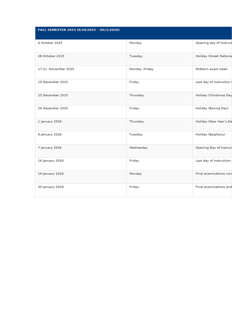 Fall Semester 2025 Academic Calendar | PDF