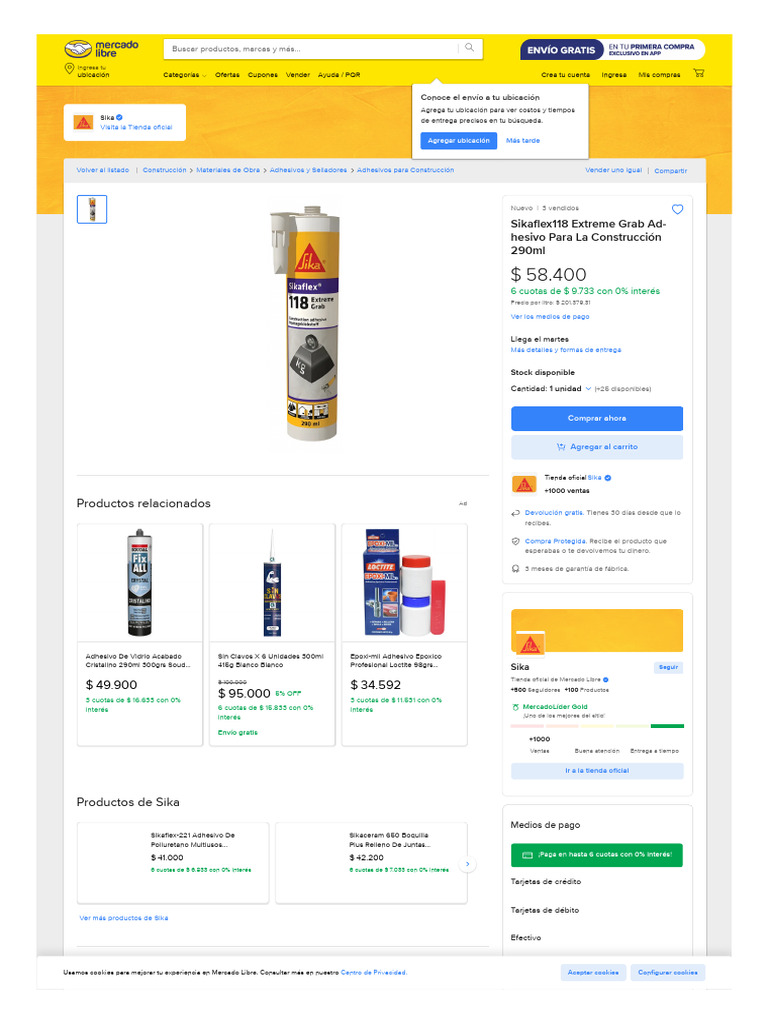 Sikaflex118 Extreme Grab Adhesivo para La Construcción 290ml - Cuotas ...