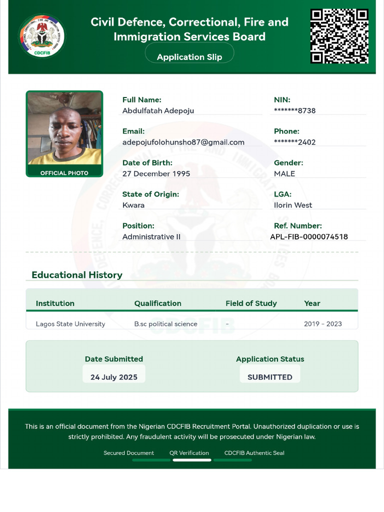 Abdulfatah -Adegboyega Adepoju -Application-slip | PDF