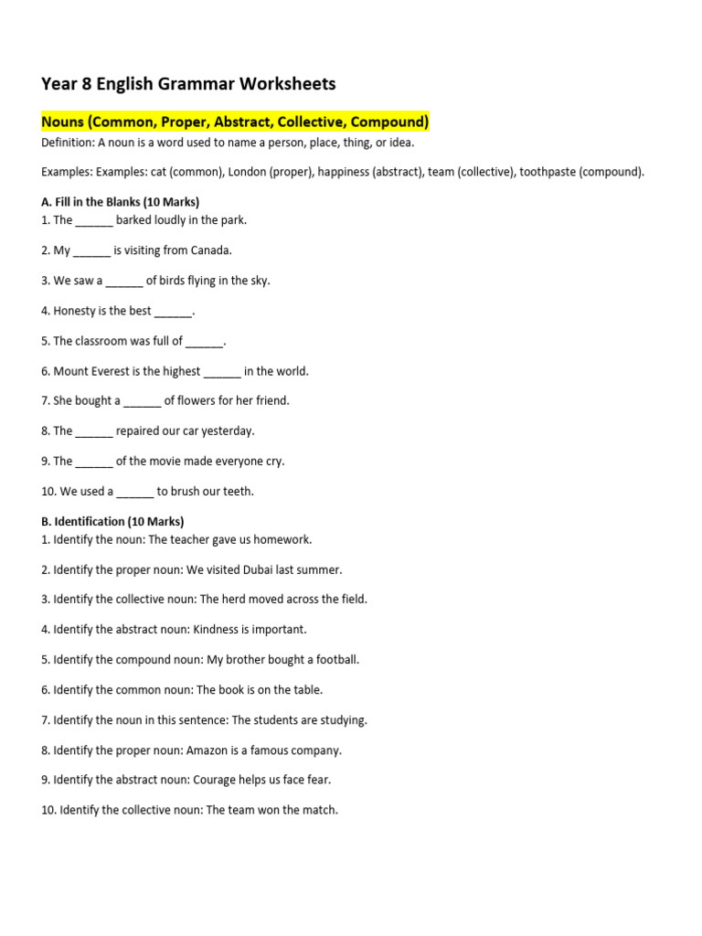 Year 8 English Grammar Worksheets | PDF | Adjective | Pronoun