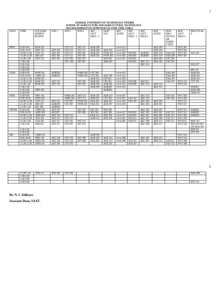 Saat 2025 2026 Harm Lecture Timetable | PDF