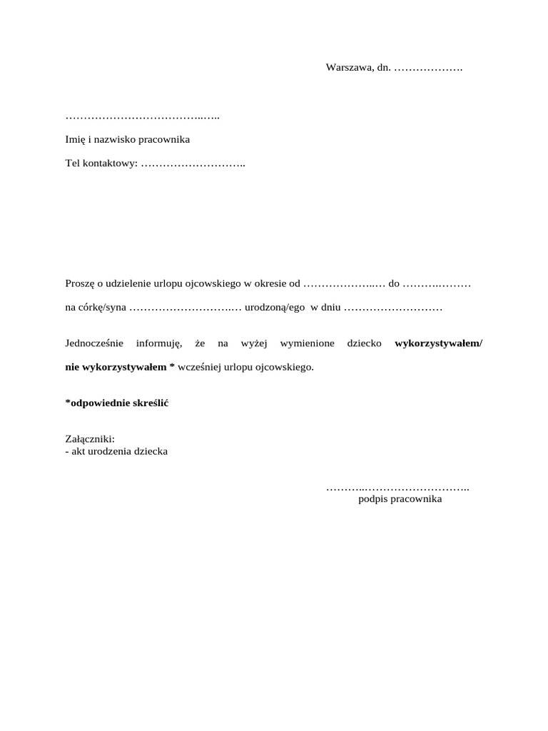 Wniosek o Urlop Ojcowski | PDF