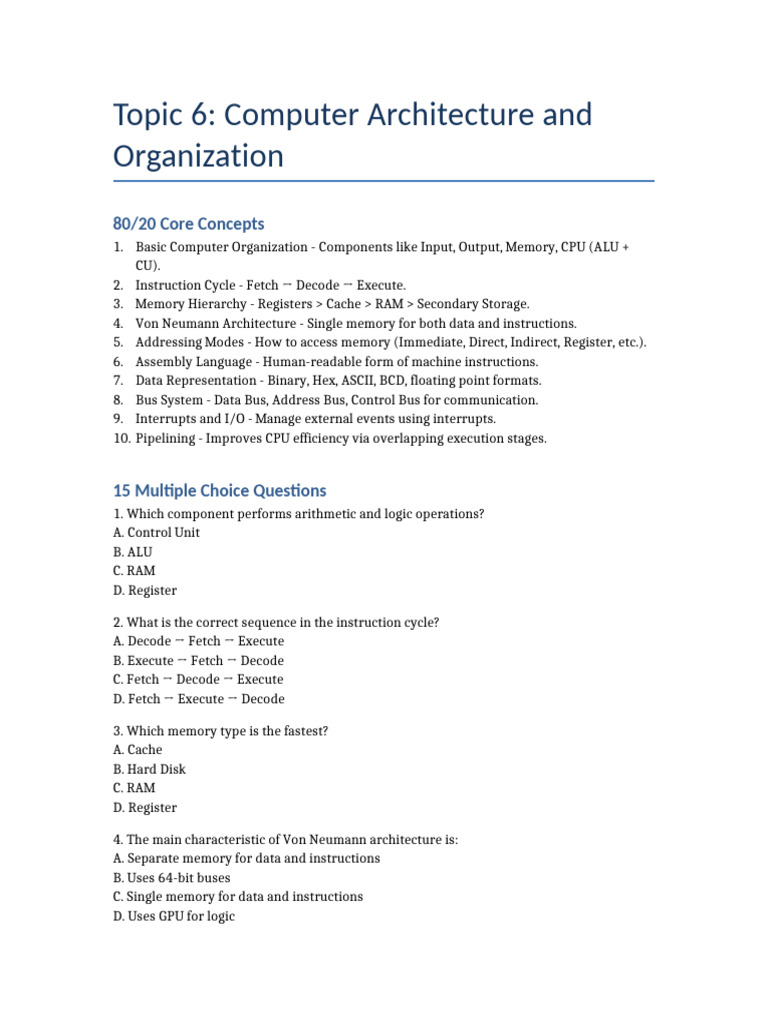 Computer Architecture Basics and Quiz | PDF | Computer Data Storage ...