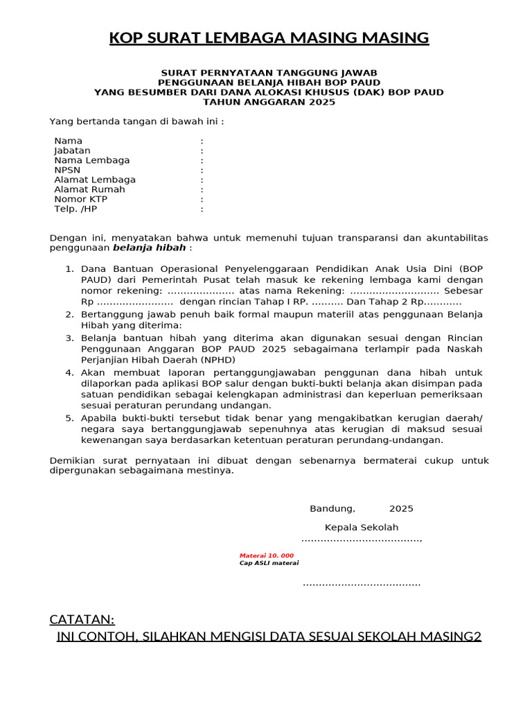 Surat Pernyataan (SPTJM) NPHD Bop Paud 2025 | PDF