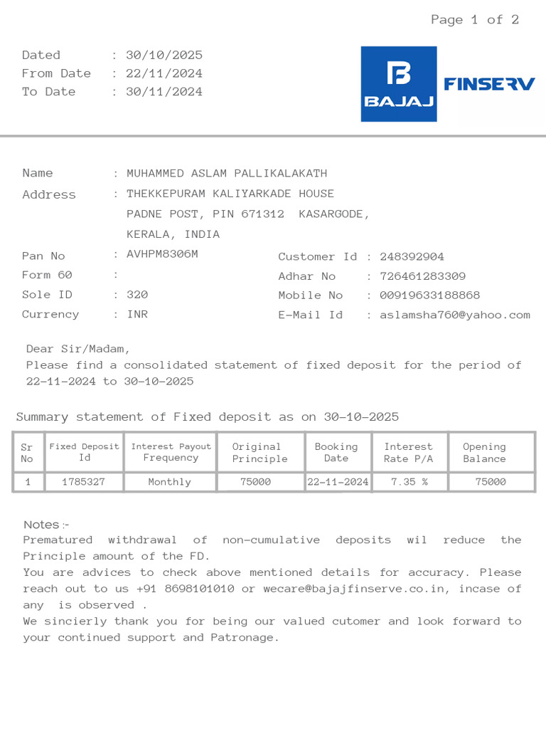 Bajaj FD Statement | PDF | Private Sector | Money