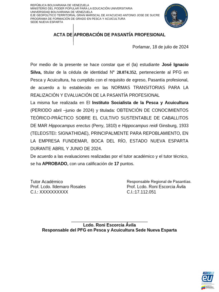 Acta Aprobacion Pasantia | PDF