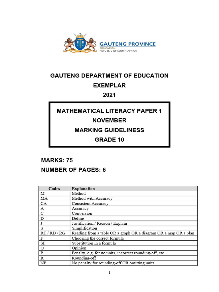 Math Lit Grade 10 P1 Nov Exam Examplar Memo 2021 | PDF | Mathematics
